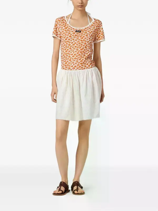 Miu Miu Ribbed Knit Cotton T-shirt With Floral Print