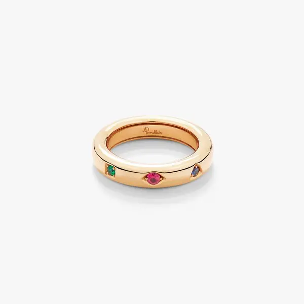 Pomellato Iconica Extra Slim Ring In Rose Gold With Ruby, Emerald, And Sapphire