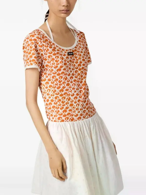 Miu Miu Floral Print Ribbed Cotton T-shirt - Neutrals