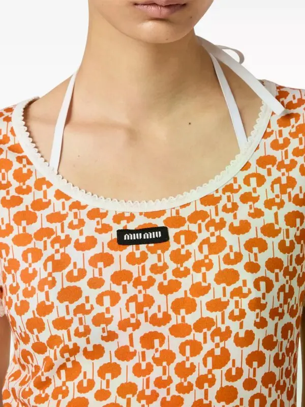 Miu Miu Floral Print Ribbed Cotton T-shirt - Neutrals