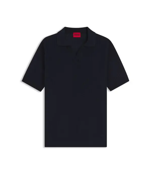 Hugo Johnny-collar Knit Polo In A Cotton-linen Jacquard - Dark Blue