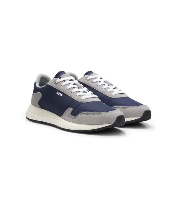 BOSS Lace-up Sneakers In Lightweight Fabric With Suede Trims - Light Grey