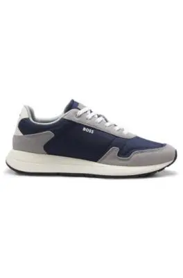 BOSS Lace-up Sneakers In Lightweight Fabric With Suede Trims - Light Grey