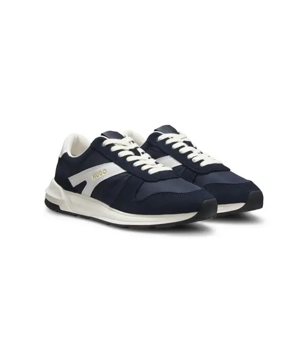 Hugo Suede-trim Sneakers With Logo Details - Dark Blue