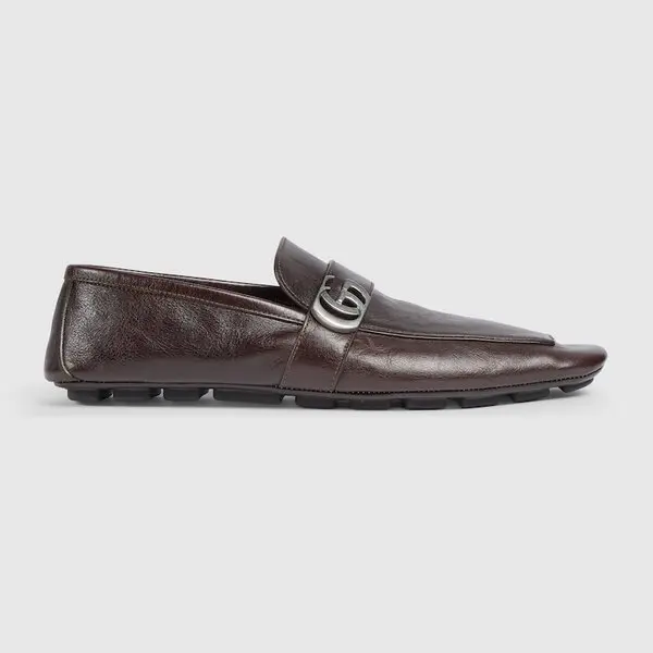 Gucci Double G Leather Driver Loafers - Brown