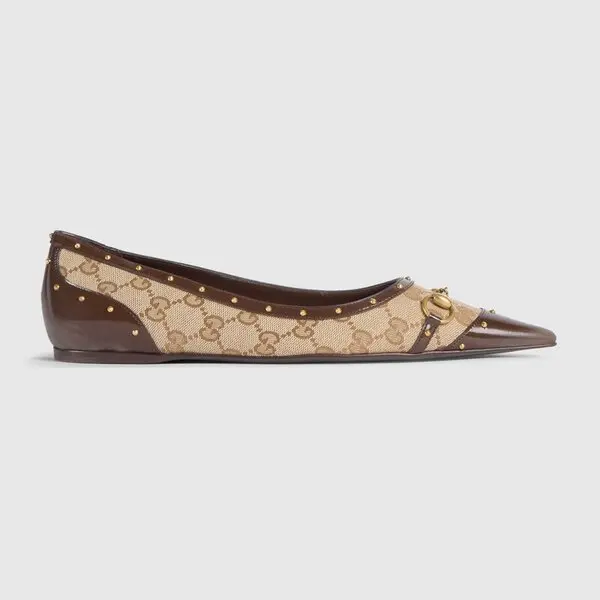 Gucci Savoy Gg Canvas Ballerina Flats With Horsebit Detail - White