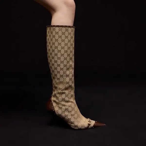 Gucci Gg Canvas Knee High Boots With Horsebit Detail - White