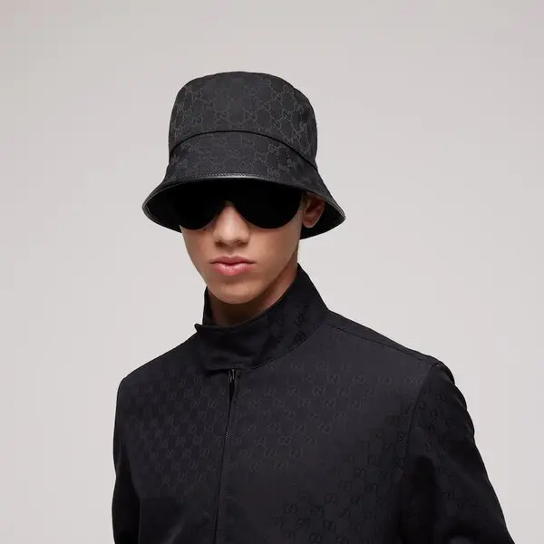 Gucci Gg Cotton Canvas Bucket Hat With Leather Trim - Black