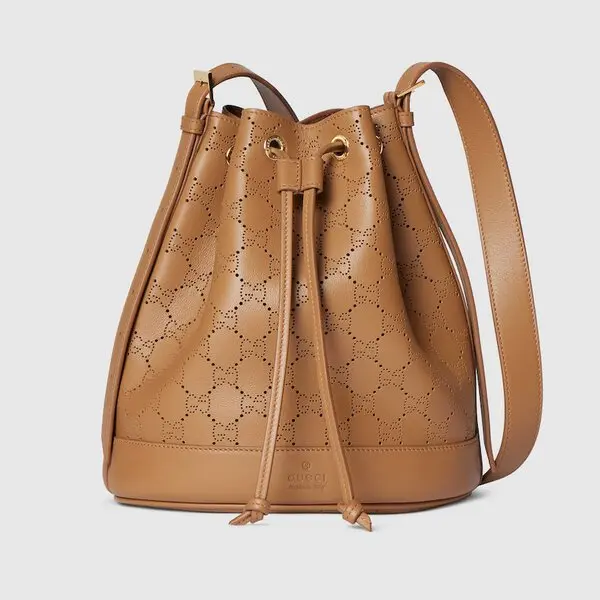 Gucci Small Bucket Bag In Perforated Leather - Brown