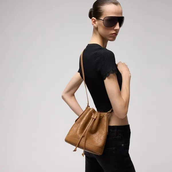 Gucci Small Bucket Bag In Perforated Leather - Brown