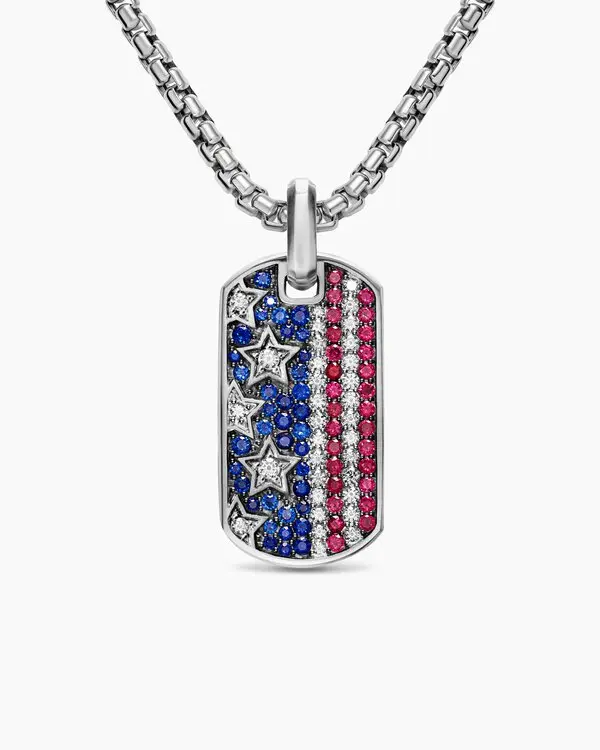 David Yurman Chevron American Flag Tag With Sapphires, Diamonds, And Rubies - Sapphire