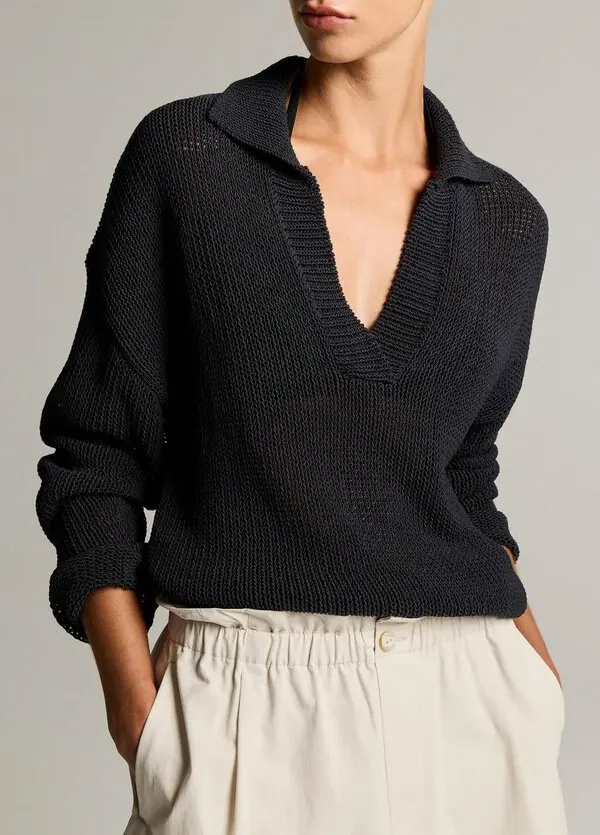 Vince Italian Coated Cotton-blend Polo Sweater - Ink