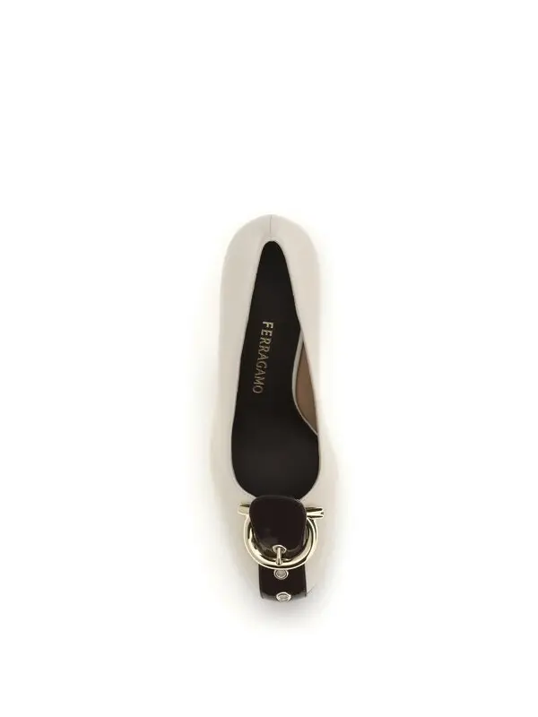 FERRAGAMO Leather Block Heel Pumps With Gancini Detail - Multicolor