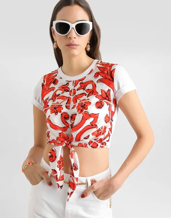 Dolce & Gabbana Printed V-neck T-shirt With Bow Detail