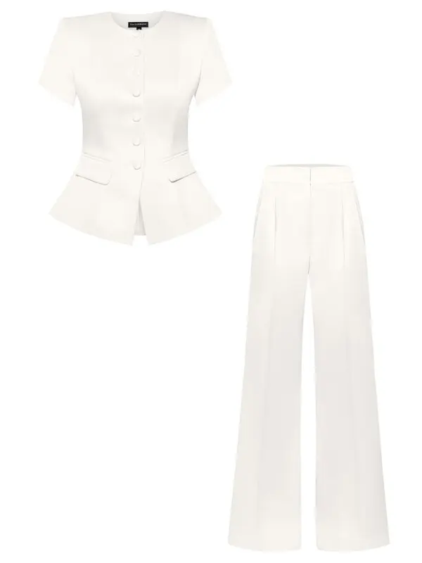 TIA DORRAINE Pearl Button Up Short Sleeves Blazer & Trousers Set