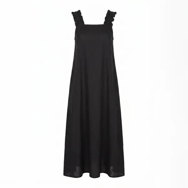 Adrift Clothing Claire Maxi Linen Dress With Frilled Straps - Black