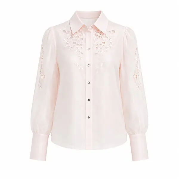 SMART AND JOY Embroidered Organza Blouse With Shirt Collar
