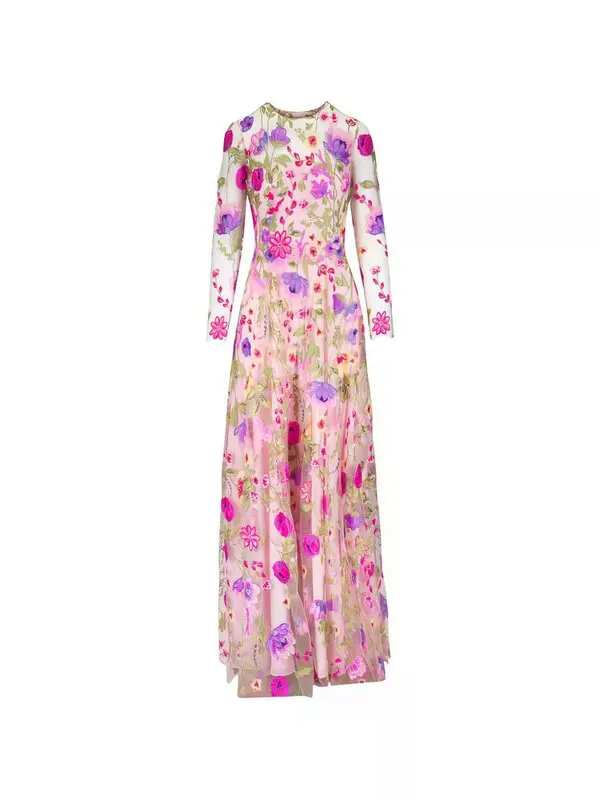 Naeem Khan Long-sleeve Maxi Dress With Floral Embroidery - Pink