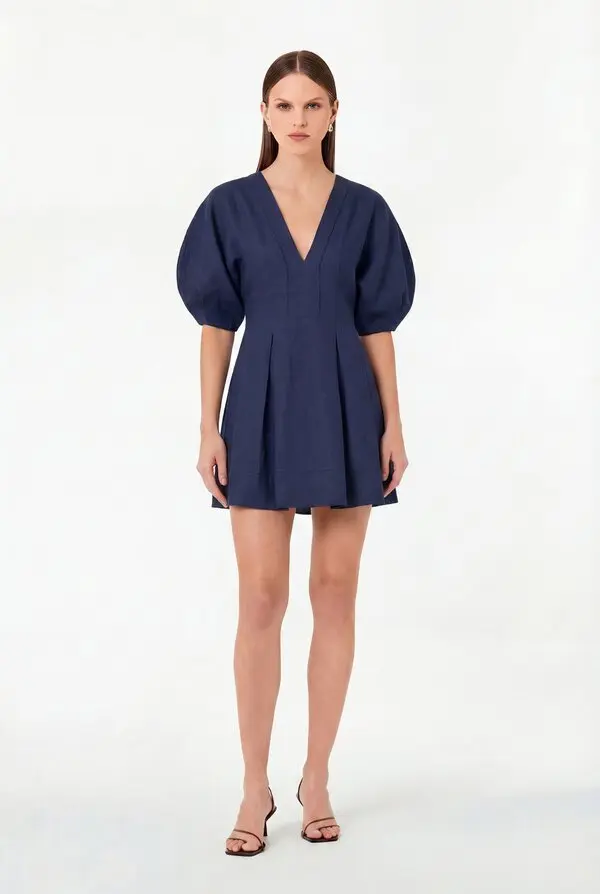 NICHOLAS Josefa Dress With V-neck And Puff Sleeves - Midnight