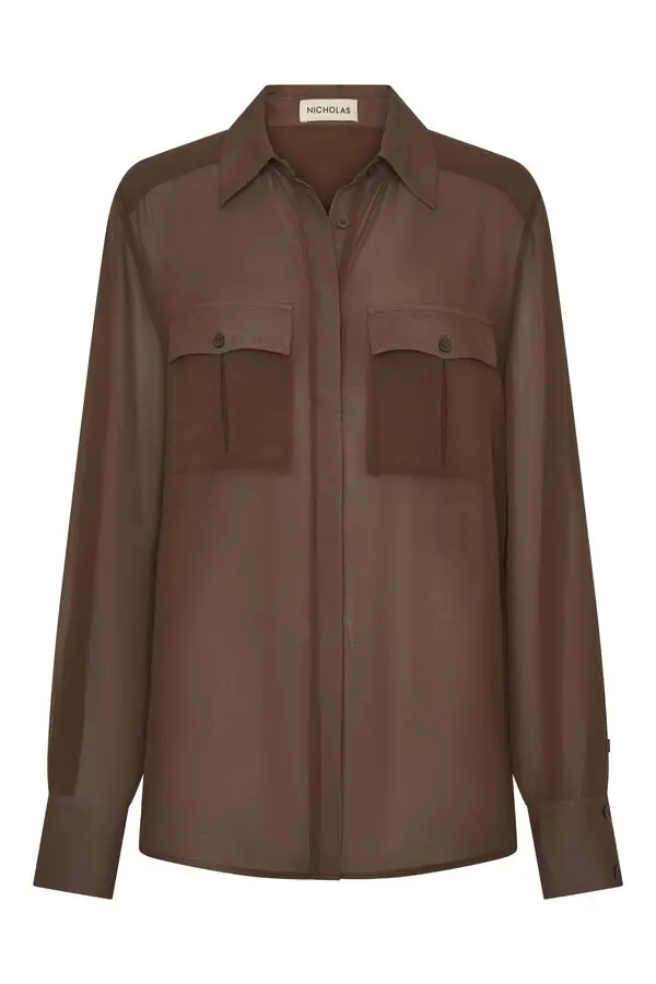 NICHOLAS Chloe Sheer Button-up Shirt With Dual Pockets - Espresso