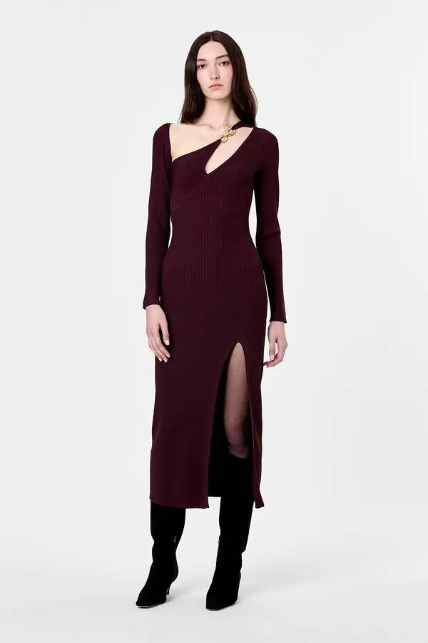 NICHOLAS Ginerva Ribbed Dress With Asymmetrical Neckline And Slit - Plum