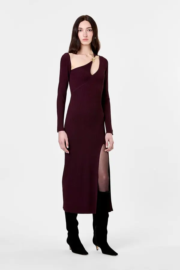 NICHOLAS Ginerva Ribbed Dress With Asymmetrical Neckline And Slit - Plum