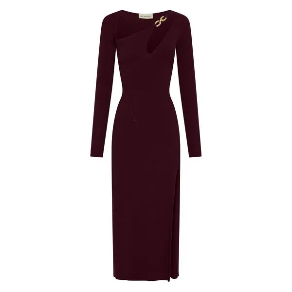 NICHOLAS Ginerva Ribbed Dress With Asymmetrical Neckline And Slit - Plum