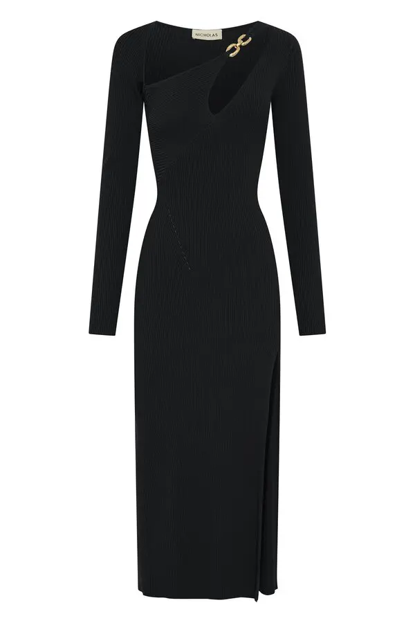 NICHOLAS Ginerva Ribbed Midi Dress With Cut-out Detail - Black
