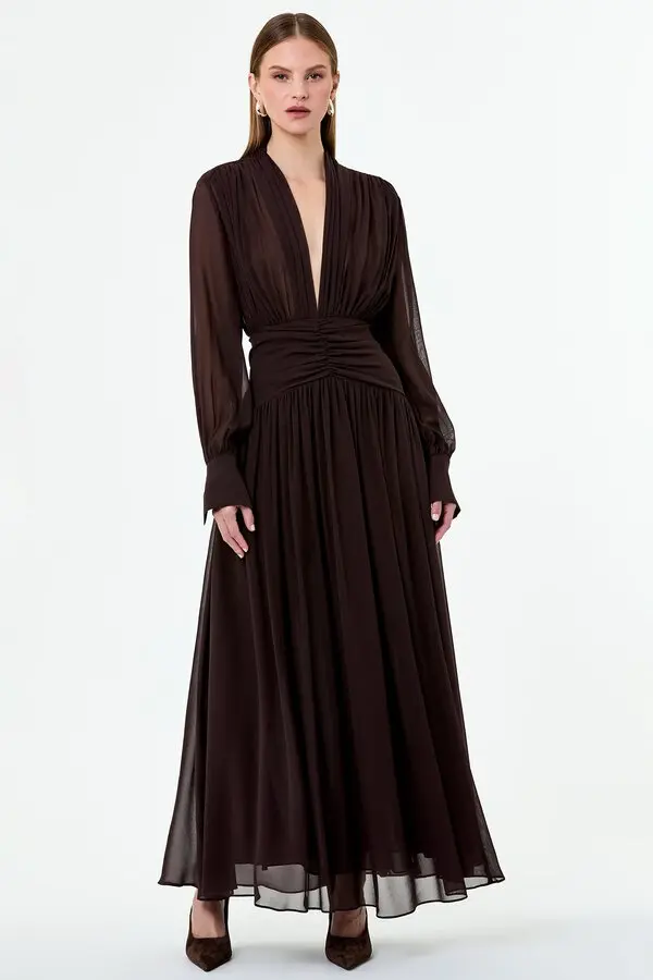 NICHOLAS Jocelyn Gathered V-neck Maxi Dress - Cacao