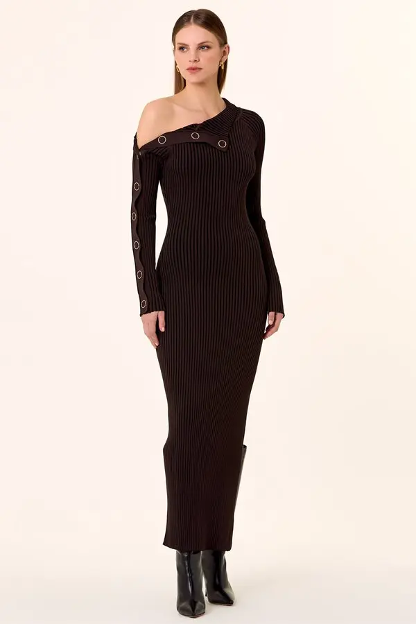 NICHOLAS Adina Knit Maxi Dress With Button Detail - Espresso