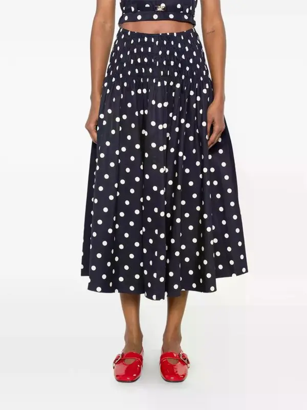 Maje Polka-dot Smocked Waist Midi Skirt