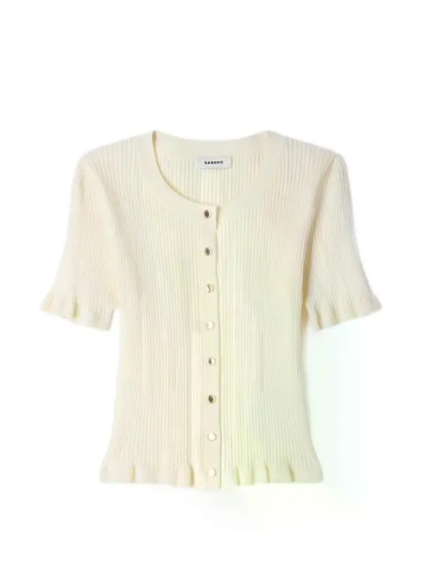 Sandro Ribbed-knit Cardigan With Ruffle Trim - Neutrals