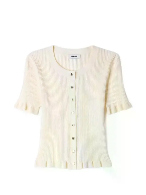 Sandro Ribbed-knit Cardigan With Ruffle Trim - Neutrals