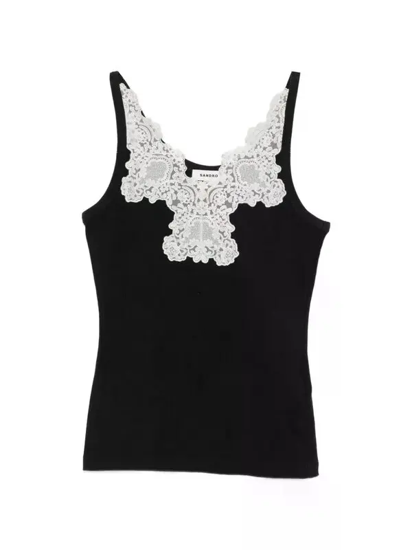 Sandro Ribbed-knit Lace-trim Top - Black