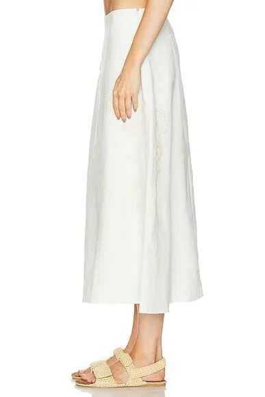 TWP Linen A-line Midi Skirt With Embroidery