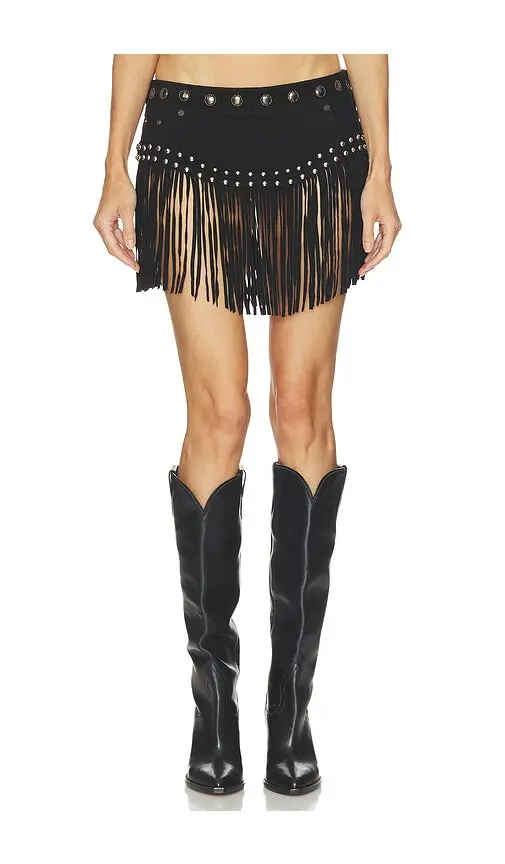 ONETEASPOON Rebel Rider Studded Fringe Suede Micro Skirt - Black