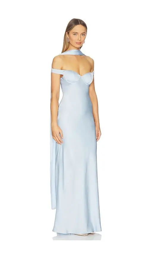 RUNAWAY THE LABEL Off Shoulder Maxi Dress With Scarf Detail - Sky Blue