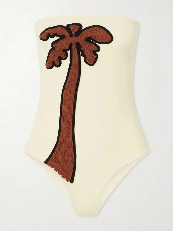 Johanna Ortiz Strapless Palm Appliquéd One Piece Swimsuit - Neutrals