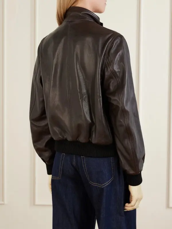 Nour Hammour Rios Ribbed Leather Bomber Jacket - Brown