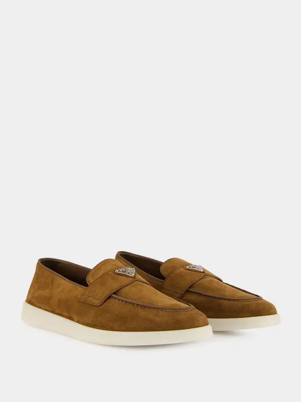 Prada Cocoa Suede Loafers With Logo Detail - Brown