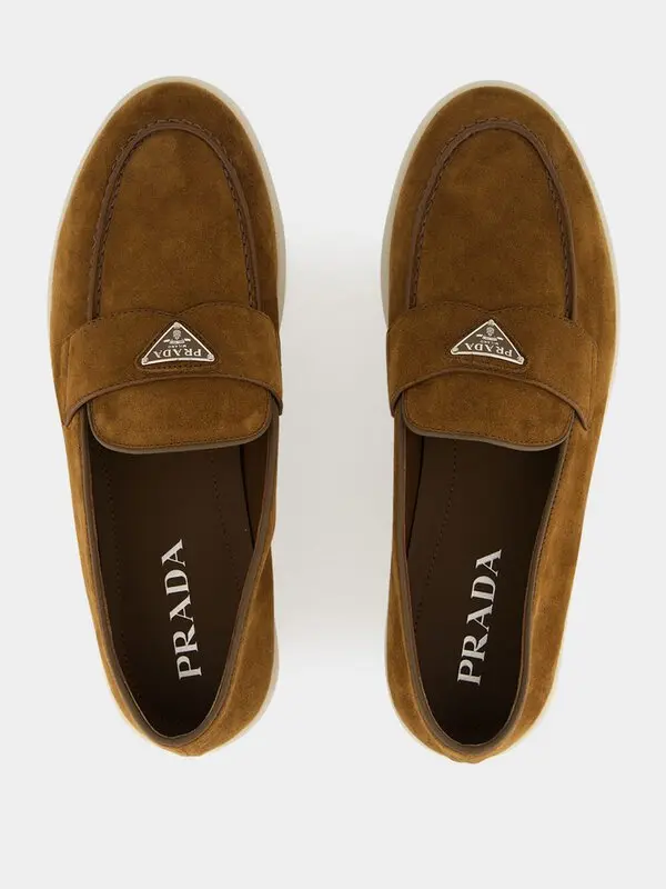 Prada Cocoa Suede Loafers With Logo Detail - Brown