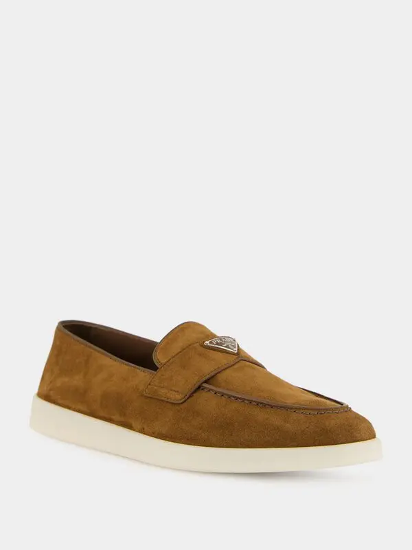 Prada Cocoa Suede Loafers With Logo Detail - Brown