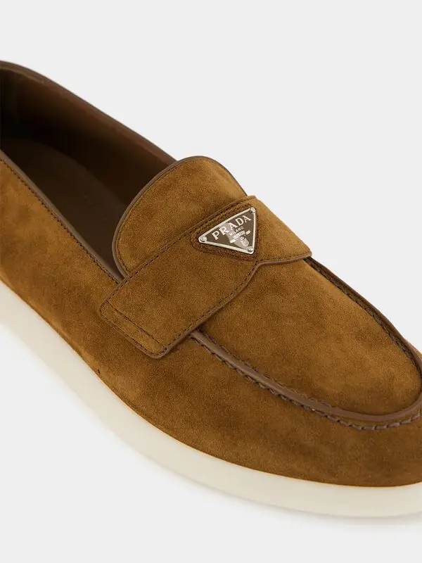 Prada Cocoa Suede Loafers With Logo Detail - Brown