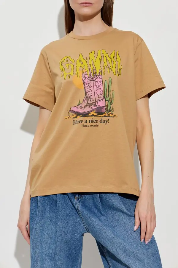 GANNI Graphic Print Cotton T-shirt - Beige