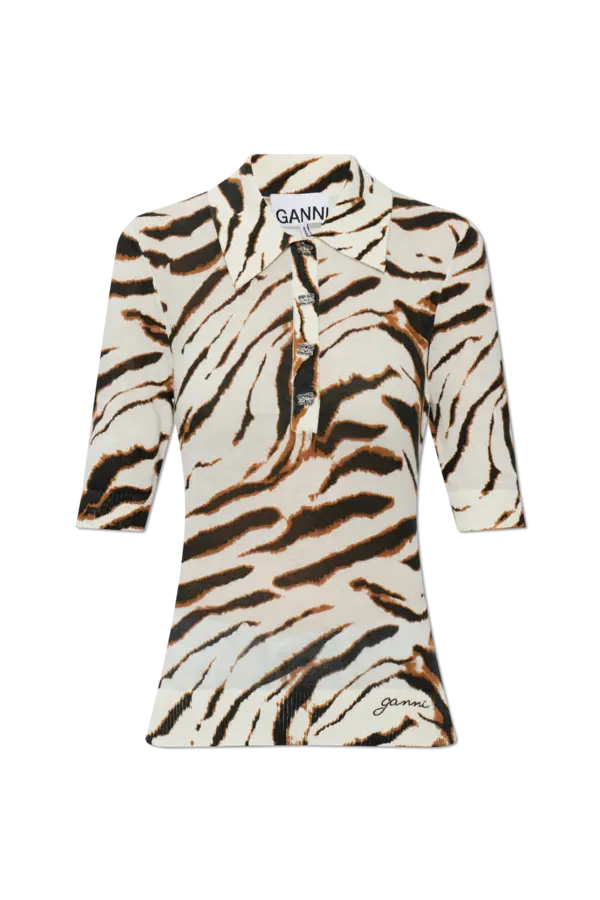 GANNI Animal Print Knitted Polo Shirt - Brown
