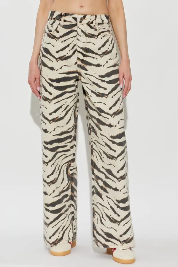 GANNI Straight Leg Animal Print Jeans - Cream