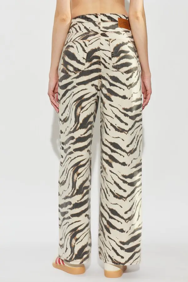GANNI Straight Leg Animal Print Jeans - Cream
