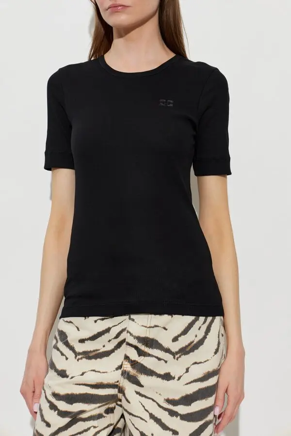 GANNI Ribbed Top With Embroidered Logo