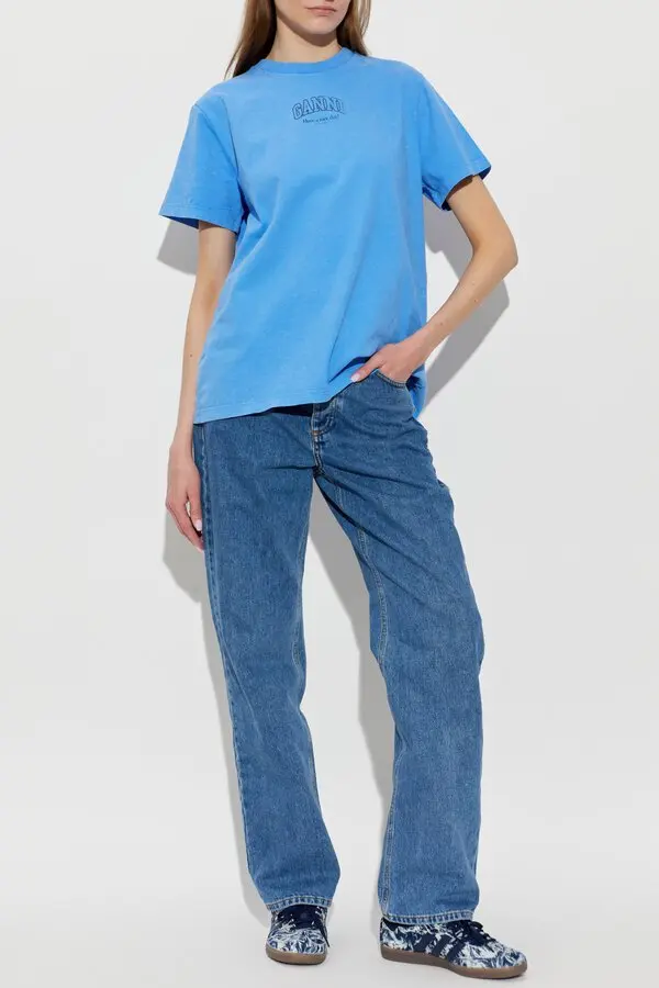 GANNI Cotton Logo T-shirt - Blue