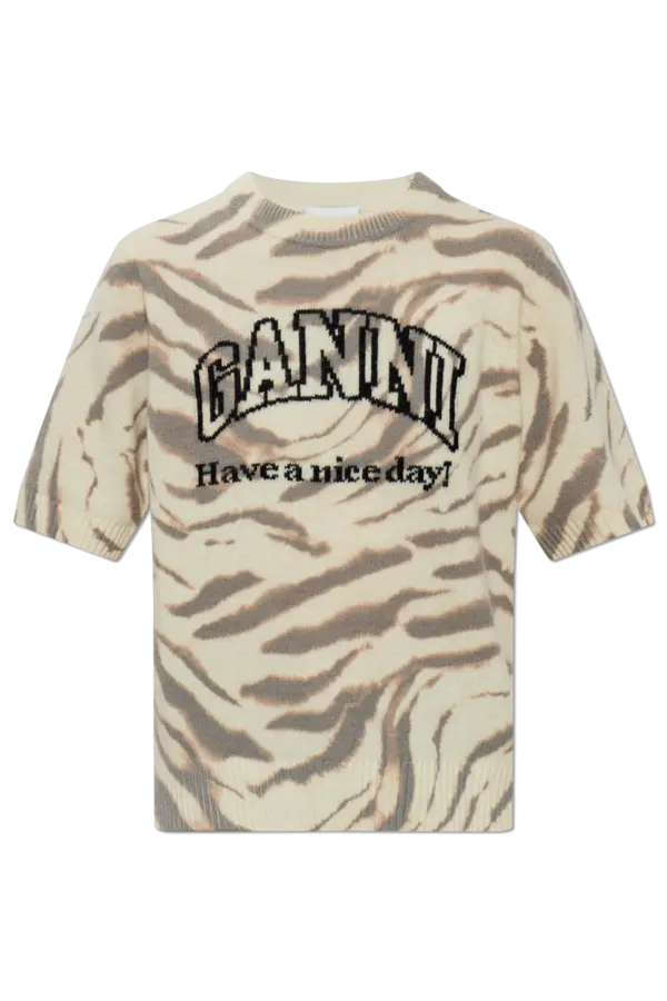 GANNI Animal Print Crewneck Knit Top - Cream